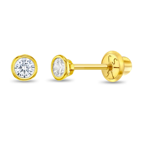 14k Gold Tiny Bezel Set CZ Baby / Toddler / Kids Earrings Safety Screw