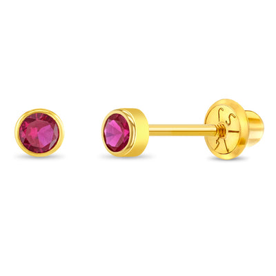 14k Gold Tiny Bezel Birthstone CZ Baby / Toddler / Kids Earrings Safet