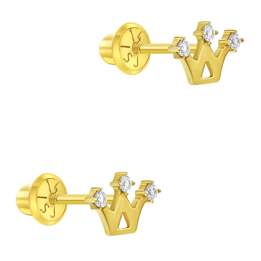 14k Gold 3 Point CZ Crown Baby / Toddler / Kids Earrings Safety Screw